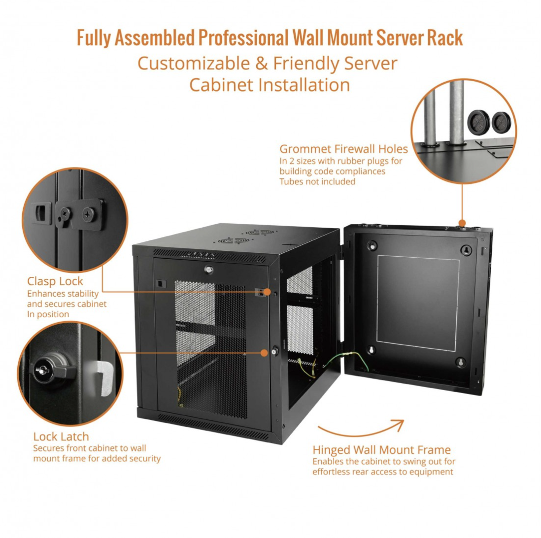 Tecmojo 12U 27.6‘’ Depth Wall Mount Rack for 19‘’ Equipment, Mesh Door ...