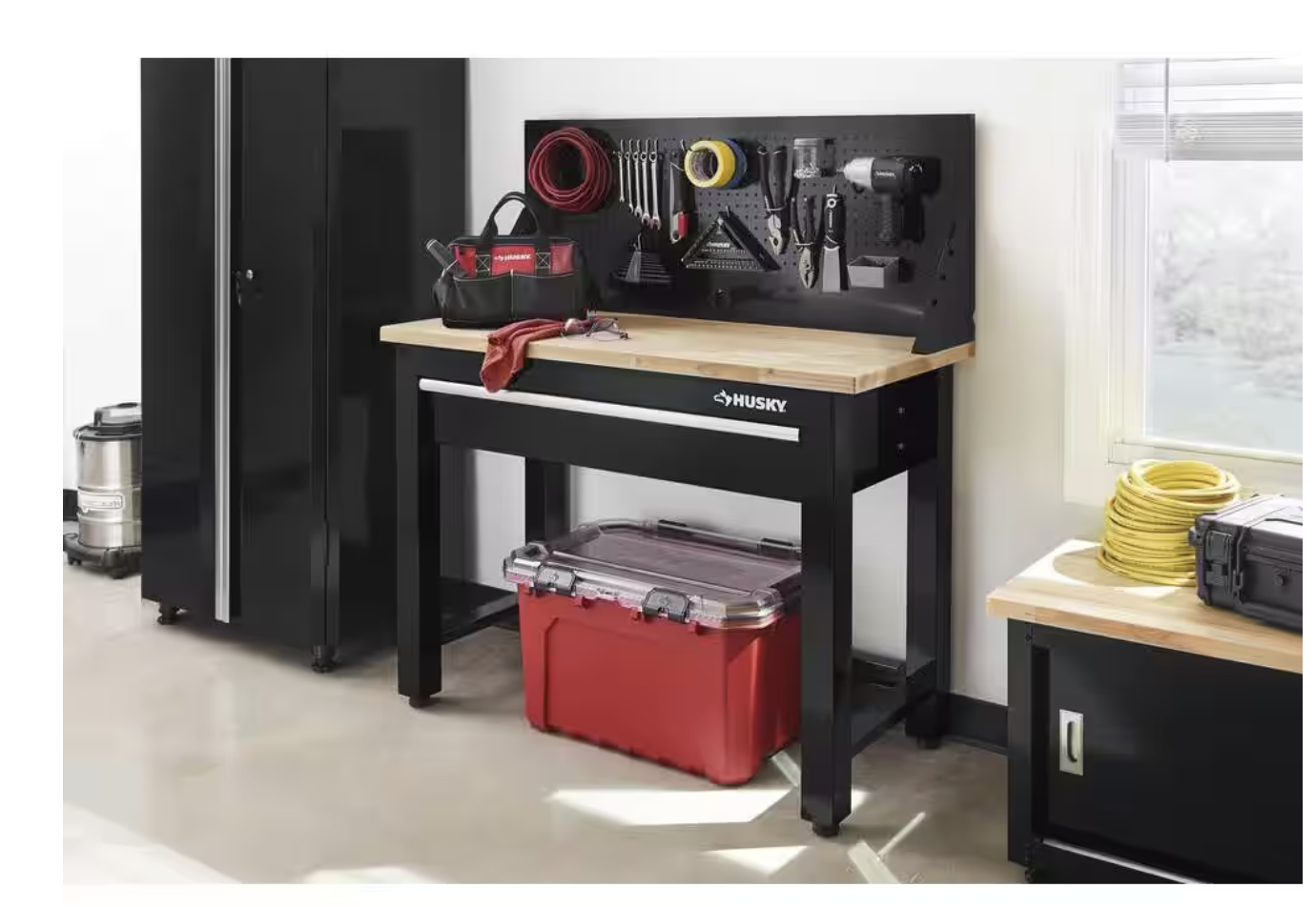 Husky 48 in. W x 20 in. D 1-Drawer Black Workbench with Pegboard and ...