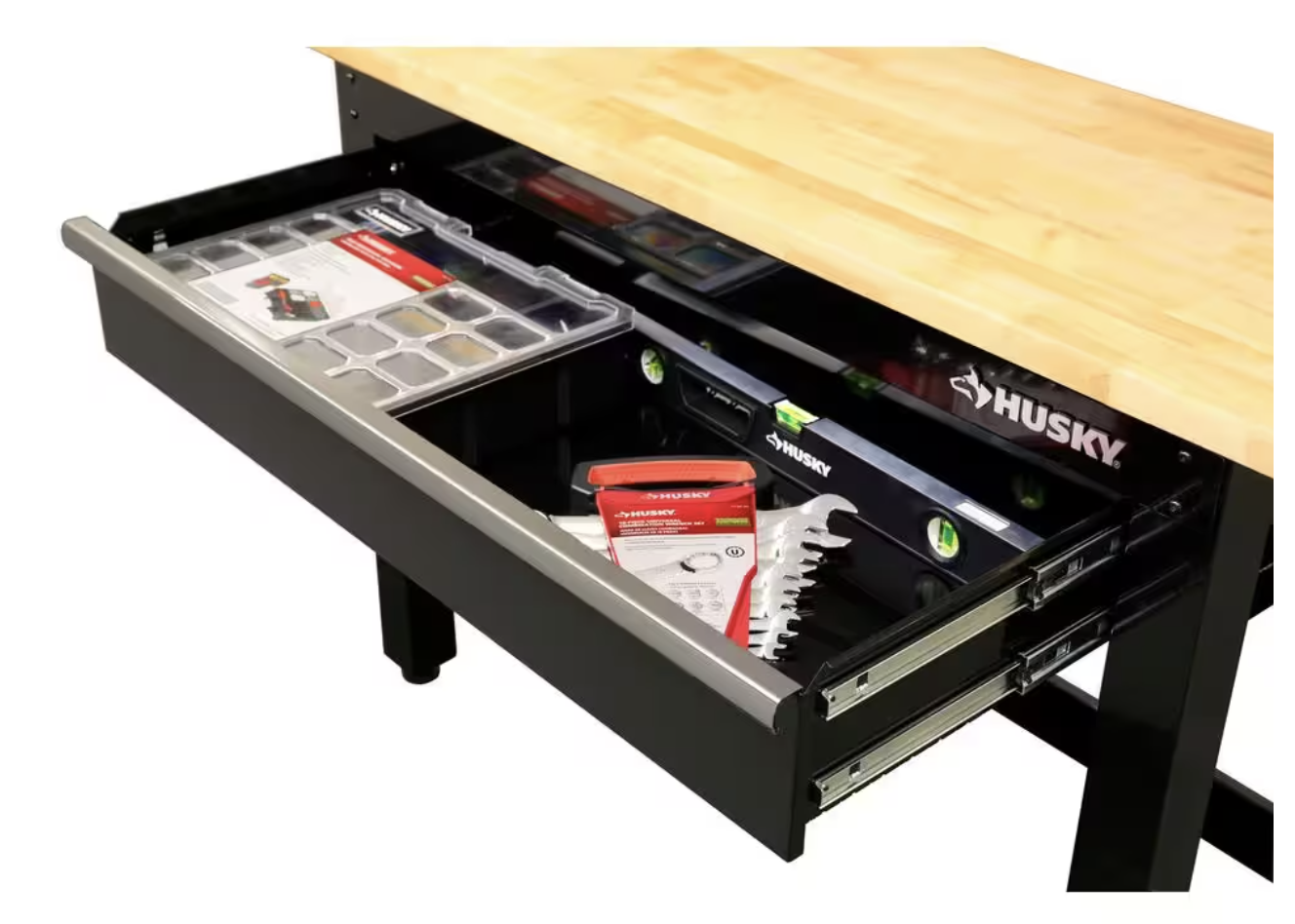 Husky 48 in. W x 20 in. D 1-Drawer Black Workbench with Pegboard and ...