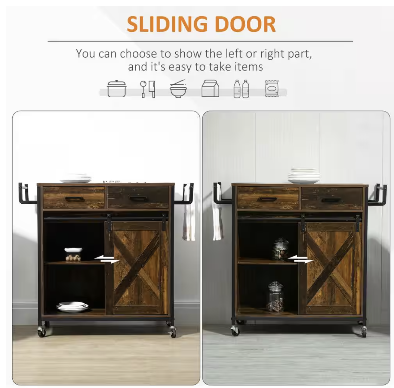 HOMCOM Rustic Brown Farmhouse Kitchen Cart with Adjustable Shelf - SCD ...